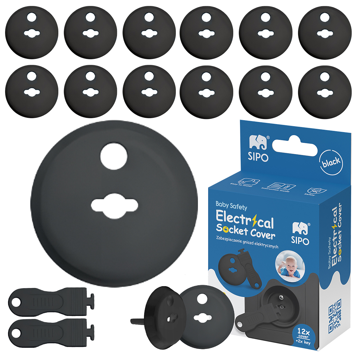 SIPO Protective covers for electric sockets, black - 12 pcs - banaby.eu